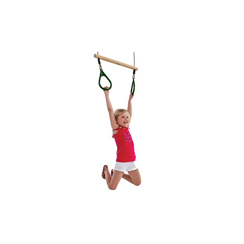 Wooden Trapeze Bar with Green Rings for Climbing Frames and Garden Swings